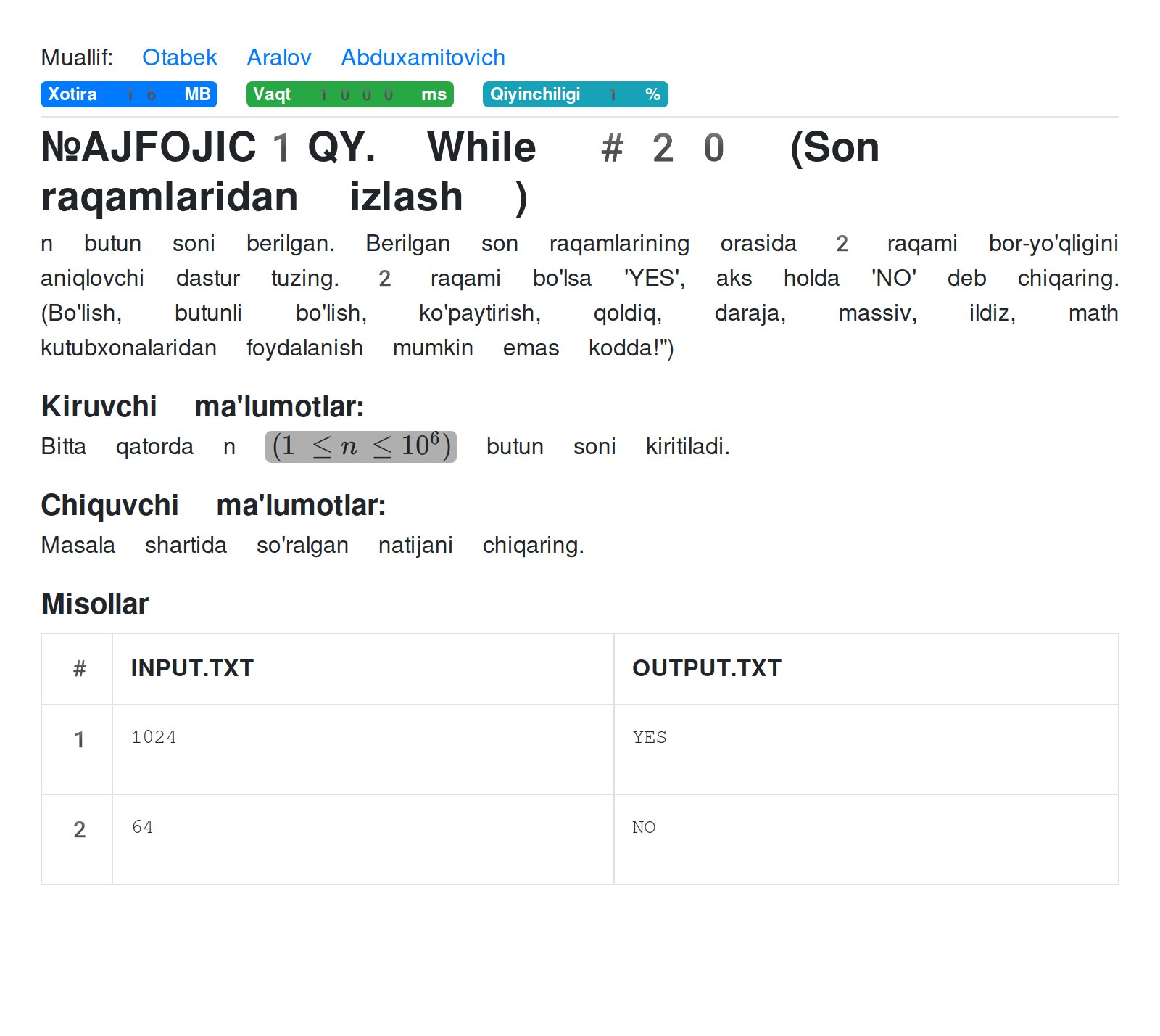 While #20 (Son raqamlaridan izlash ) - RoboContest