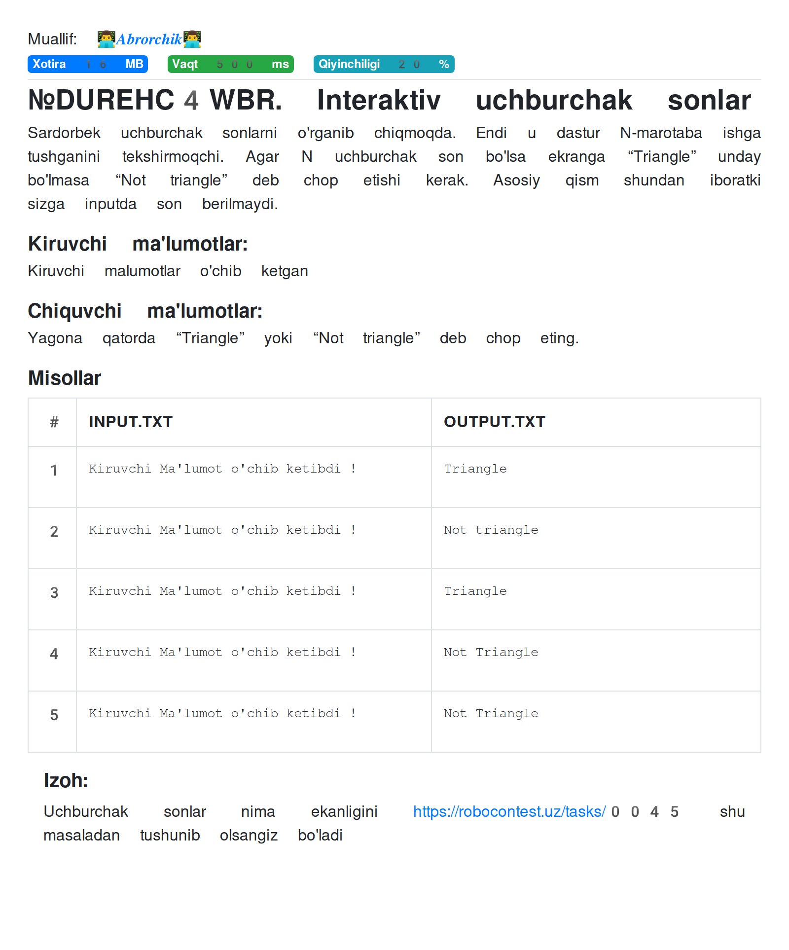Interaktiv uchburchak sonlar - RoboContest