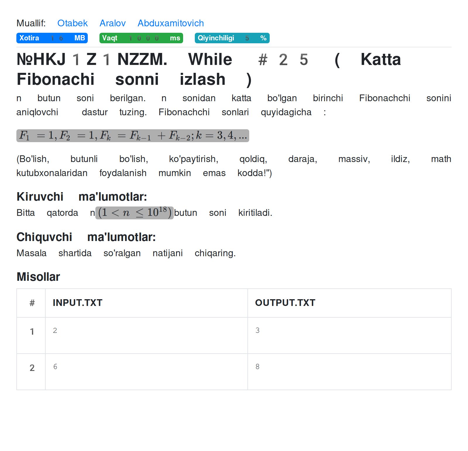 While #25 ( Katta Fibonachi sonni izlash ) - RoboContest