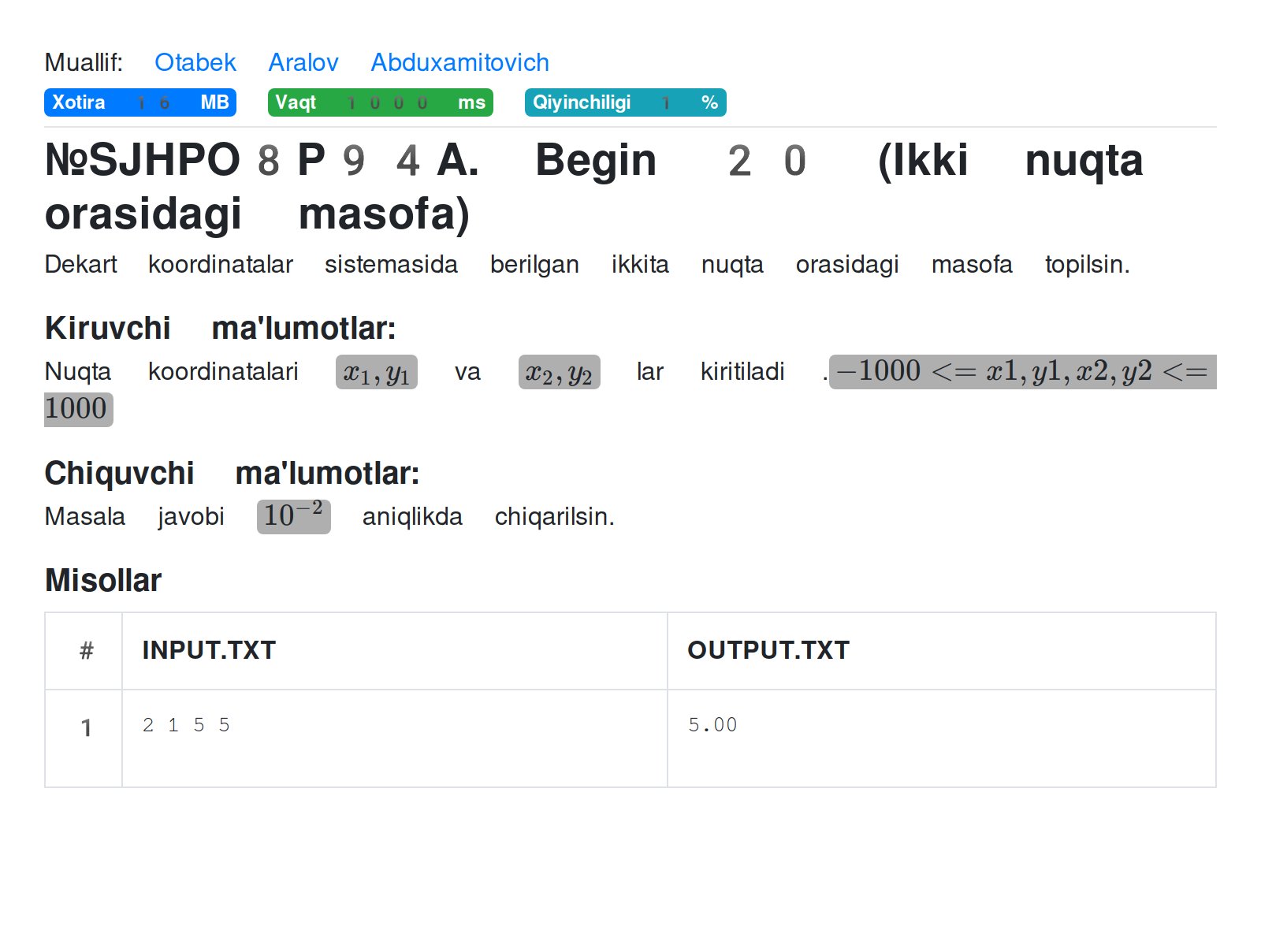 Begin 20 (Ikki nuqta orasidagi masofa) - RoboContest