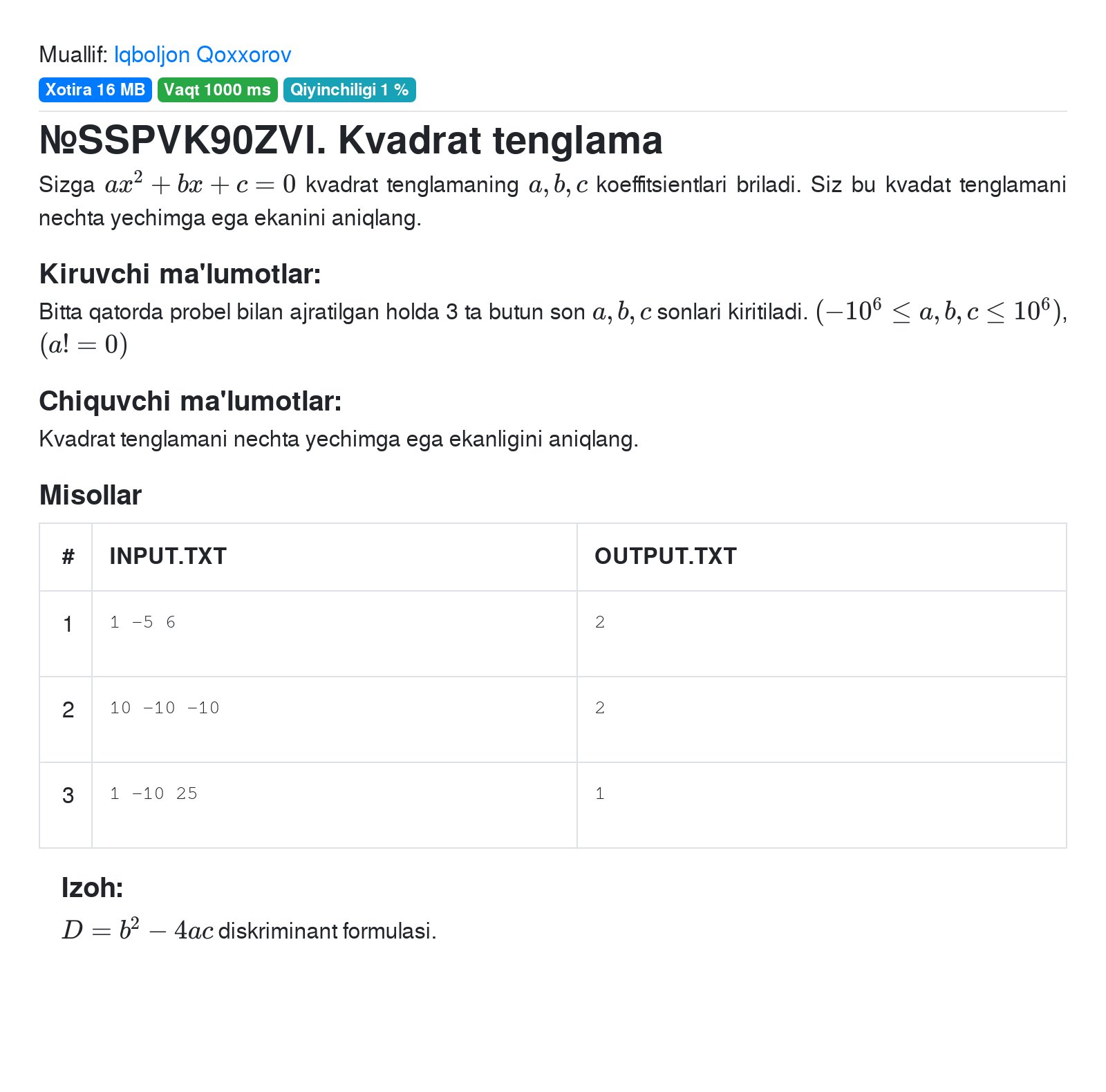 Kvadrat tenglama - RoboContest