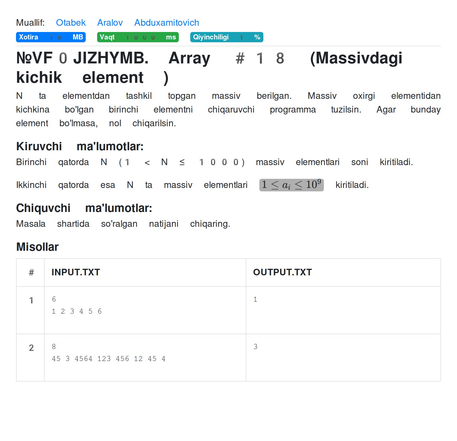 Array #18 (Massivdagi kichik element ) - RoboContest