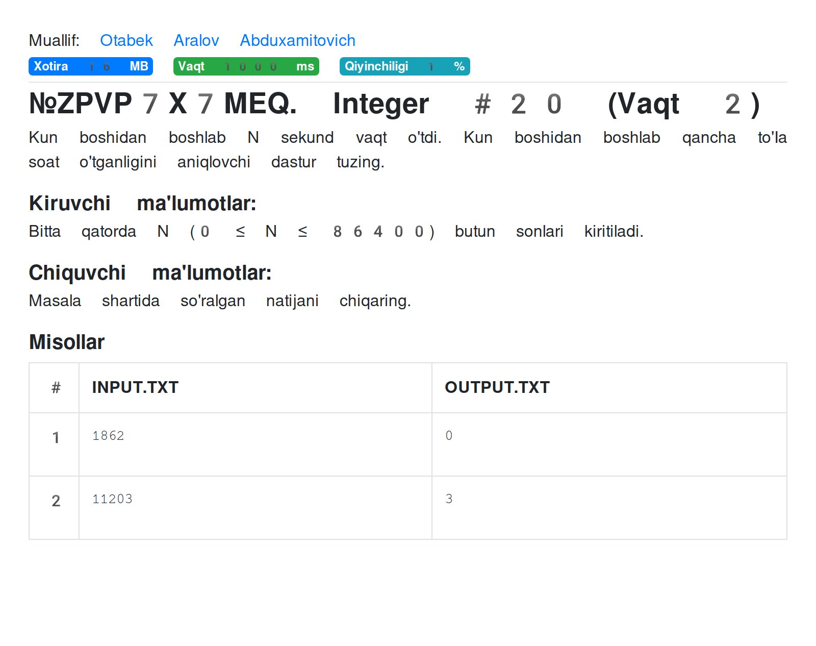 Integer #20 (Vaqt 2) - RoboContest